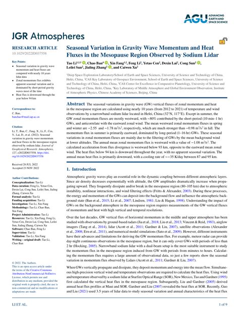 Pdf Seasonal Variation In Gravity Wave Momentum And Heat Fluxes In The Mesopause Region