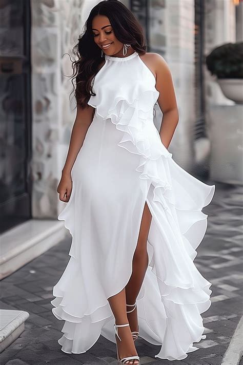 Xpluswear Design Plus Size Wedding White Halter Collar Sundress Split