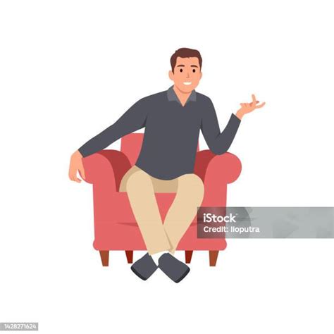 의자에 앉아 손으로 무언가를 가리키는 젊은이 집에서 캐주얼 한 옷을 입은 남자 의자에 앉아있는 캐릭터가 손짓을하는 사람과 이야기합니다 플랫 벡터 일러스트 레이 션 앉음에