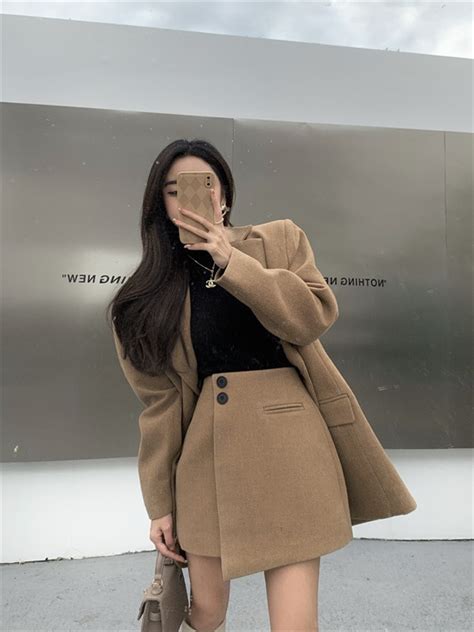카멜 당일발송 빈티지 투피스 정장 세트 블랙 카멜 브라운 모직 오버핏 코트 자켓 JK 언발 랩 A라인 미니 스커트 치마 PC SET 봄 가을 겨울 신상 소개팅룩 데이트