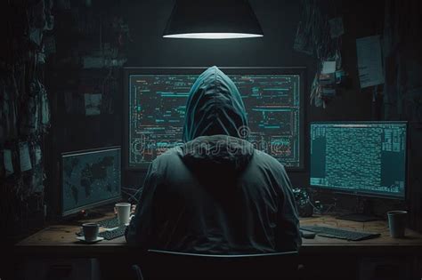 Hacker Trabalha Em Hacker De Sala Escura Trabalhando Em Uma Sala Pouco Iluminada Usando