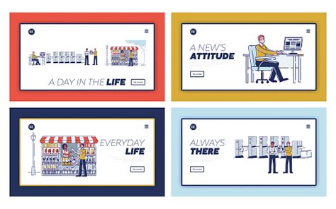 웹 사이트 방문 페이지 작업 직원과 신문 생산 프로세스 템플릿 만들기 기계로 인쇄 하고 신선한 신문을 얻을 웹 페이지 만화 선형 윤곽선 평면 벡터 일러스트 세트 남자에 대한