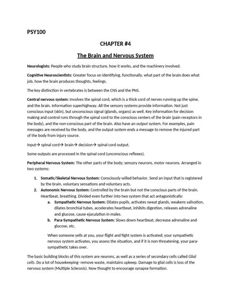The Brain And Nervous System Notes Psy 100 Pdf Action Potential Neurotransmitter