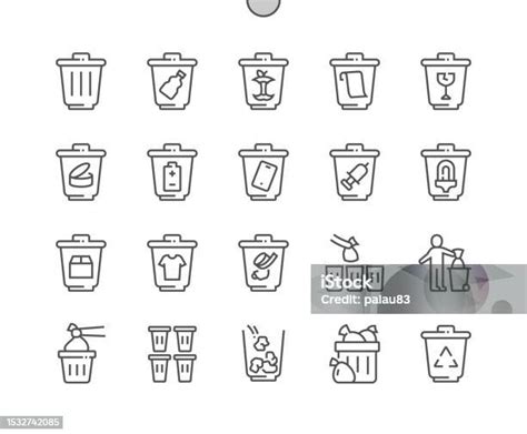 쓰레기 수거함 쓰레기 분리 및 재활용 생태 쓰레기 재활용 픽셀 퍼펙트 벡터 가는 선 아이콘 간단한 최소 픽토그램 0명에 대한 스톡 벡터 아트 및 기타 이미지 Istock