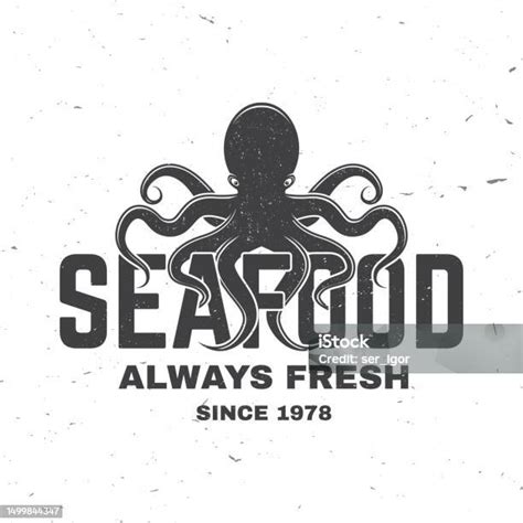최고의 해산물 신선한 문어 벡터 그림입니다 해산물 엠블럼 간판 패치 셔츠 메뉴 레스토랑 수산 시장 상점 빈티지 흑백 라벨 문어 실루엣 스티커 문어에 대한 스톡 벡터 아트 및