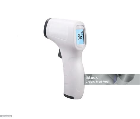 흰색 배경에 격리된 비접촉 적외선 온도계 등도 측정 의료 디지털 온도계 총 접촉 없이 주변 및 체온을 측정합니다 전자 온도 센서 온도계에 대한 스톡 사진 및 기타 이미지