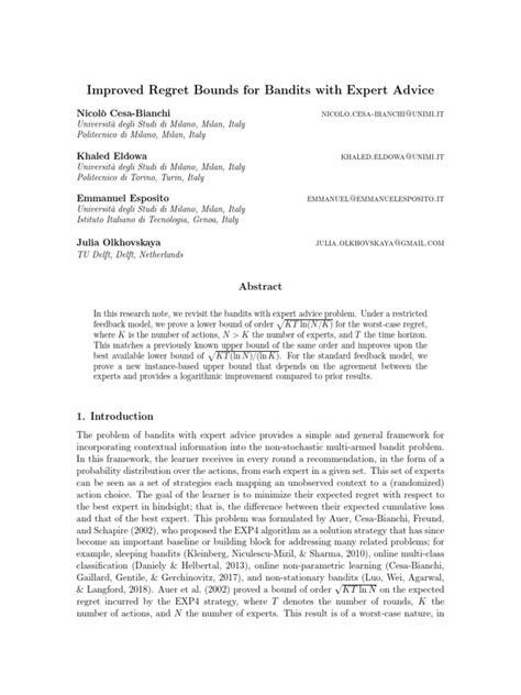 Improved Regret Bounds For Bandits With Expert Advice Pdf Mathematics Applied Mathematics