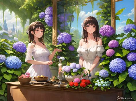 Anime Girl In A Garden With Flowers And A Mirror Seaart Ai