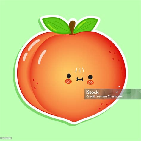 귀여운 재미있는 복숭아 스티커 캐릭터 벡터 손으로 그린 만화 카와이 캐릭터 일러스트 레이 션 아이콘 흰색 배경에 고립되어 있습니다 복숭아 캐릭터 개념 개념에 대한 스톡 벡터