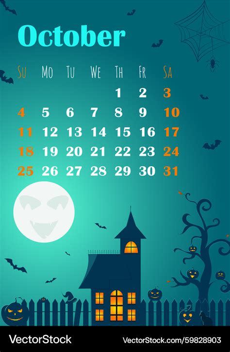 Halloween 2026 Calendar Spooky Moonlit Night Royalty Free Vector