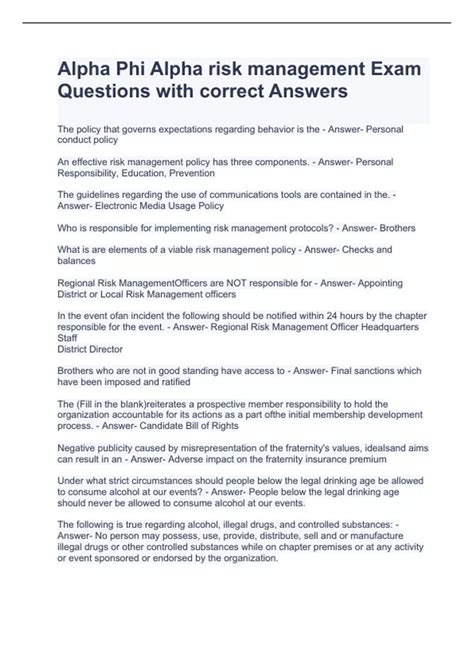 Alpha Phi Alpha Risk Management Exam Questions With Correct Answers Alpha Phi Alpha Stuvia US