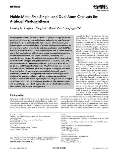 Noble Metal‐free Single‐ And Dual‐atom Catalysts For Artificial Photosynthesis Request Pdf
