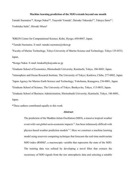 Pdf Machine Learning Prediction Of The Mjo Extends Beyond One Month