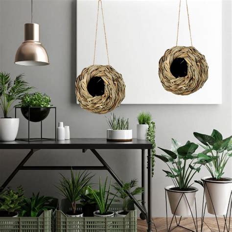 Badu Bg Птиче гнездо от естествена тръстикова трева Сферична колибри Къщичка за птици за външна