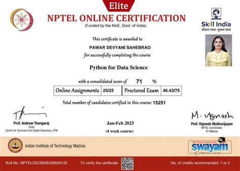 Grateful To Have Successfully Completed The Elite Nptel Certification In Python For Data