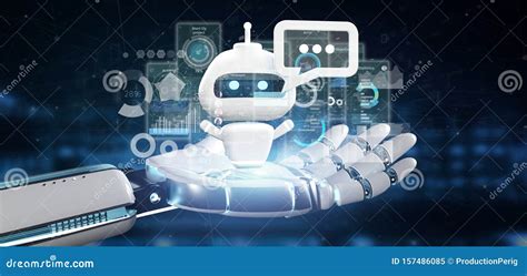 cyborg hand holding chatbot with binary code message and data 3d