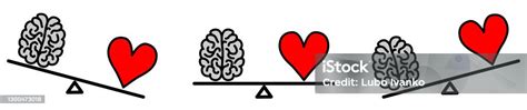 귀여운 카와이이 스타일의 뇌와 심장 시소 체중 저울 균형 또는 한쪽 무거운 버전 감정과 합리적인 사고 충돌 개념 결정에 대한 스톡 벡터 아트 및 기타 이미지 Istock