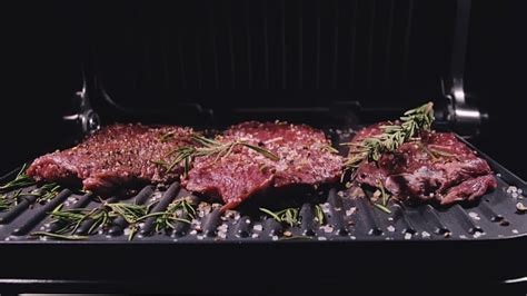 그릴에 맛있는 육즙 고기 스테이크 요리 전기 로스터 로즈마리 후추 소금에 쇠고기 튀김 슬로우 모션 0명에 대한 스톡 사진 및 기타 이미지 Istock
