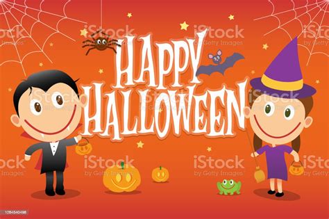 할로윈 의상을 입은 아이들 뱀파이어와 마녀로 옷을 입은 아이들 만화 벡터 일러스트 엽서 귀여운에 대한 스톡 벡터 아트 및 기타 이미지 Istock