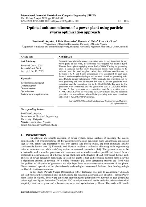 Pdf Optimal Unit Commitment Of A Power Plant Using Particle Swarm Optimization Approach
