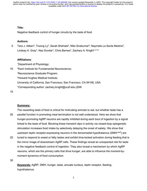 Pdf Negative Feedback Control Of Hunger Circuits By The Taste Of Food