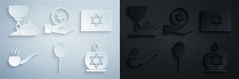 다윗 국기 이스라엘 흡연 파이프 연기 불타는 촛대 유대인 동전 손과 잔하누카 Sufganiyot 아이콘과 리본 풍선을 설정합니다 벡터 3차원 형태에 대한 스톡 벡터 아트 및