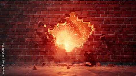 Exploding Out Hole In Red Brick Wall Isolation Illustration Stock