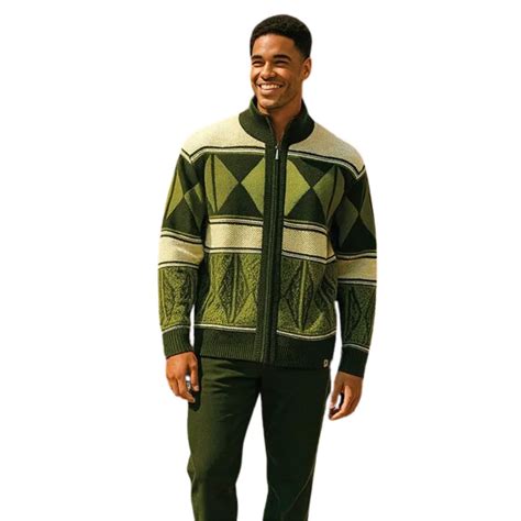 Mens Olive Geometric Knit Zip Sweater Suits And More
