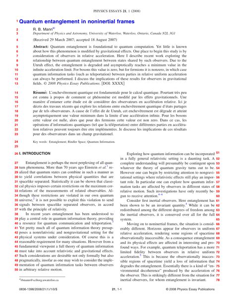 Pdf Quantum Entanglement In Non Inertial Frames
