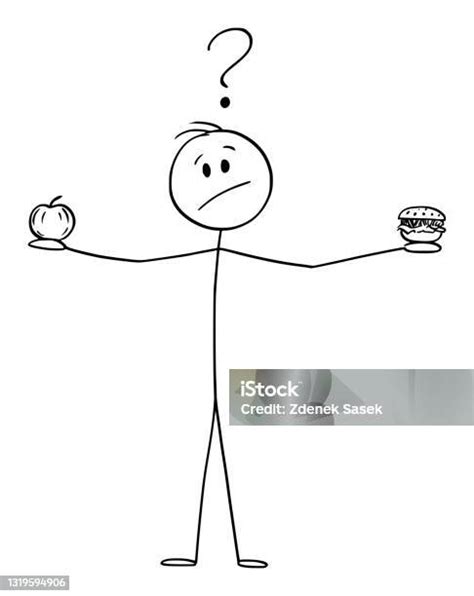 건강한 식생활과 라이프스타일에 대해 생각하고 사과 과일과 햄버거 햄버거를 들고 있는 사람 벡터 만화 스틱 그림 일러스트레이션 가공의 인물에 대한 스톡 벡터 아트 및 기타