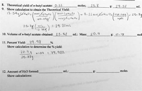 Solved Theoretical Yield Of N Butyl Acetate 0 22 Moles 158 3132 Show Calculation To Obtain