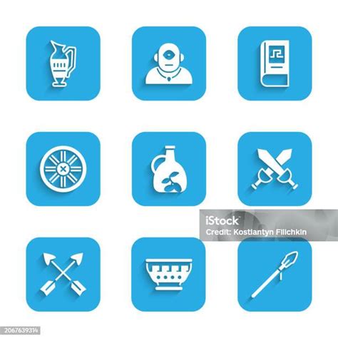 올리브 오일 병 그리스 고대 그릇 중세 창 교차 중세 검 화살 오래 된 나무 바퀴 역사 책 및 고대 암포라 아이콘 세트 벡터 0명에 대한 스톡 벡터 아트 및 기타 이미지