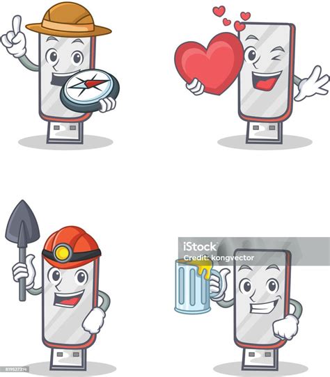탐색기 심장 광부 주스 벡터 일러스트와 함께 플래시 디스크 문자 집합 감정에 대한 스톡 벡터 아트 및 기타 이미지 감정 광산업자 데이터 Istock