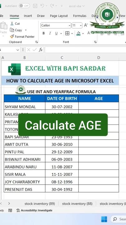 calculate age excel tutorial for freshers shorts exceltips