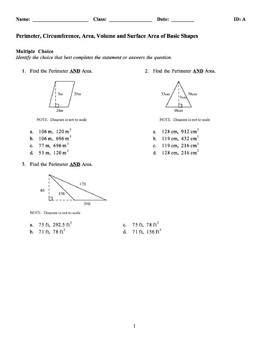 Perimeter Area Volume Surface Area Examview Test Bank By Terry Daniels