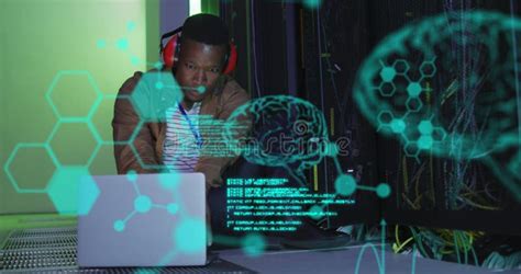 Image Of Brains Molecule Structures Computer Language African American Man Using Laptop Stock