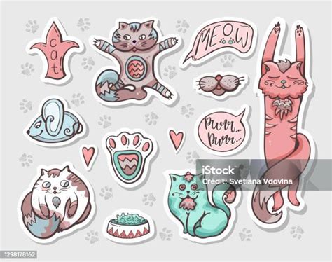 고양이와 스티커 세트 레이블이 있는 손으로 그린 벡터 이미지입니다 발톱 달린 발에 대한 스톡 벡터 아트 및 기타 이미지 발톱 달린 발 가공의 인물 개체 그룹 Istock