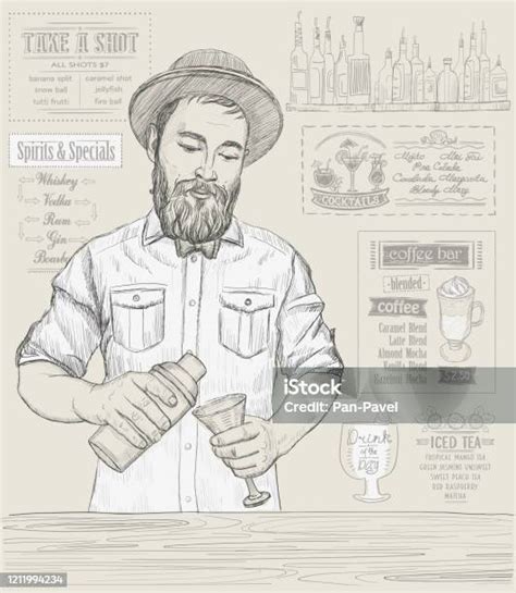 알코올 메뉴 배경에 대한 칵테일을 혼합 바텐더 그래픽 스케치 벡터 일러스트 레이션 바텐더에 대한 스톡 벡터 아트 및 기타 이미지 바텐더 메뉴판 턱수염 Istock