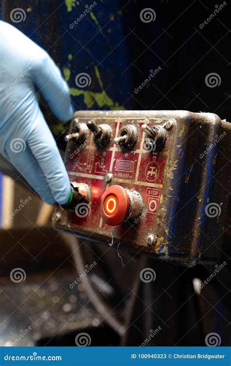 Man Pressing Button On An Industrial Machine Stock Image Image Of Colour Electric 100940323