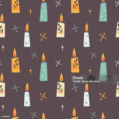 빈티지 디자인 스타일의 어두운 배경에 촛불과 별과 미니멀 한 크리스마스 원활한 패턴 미드 센추리 모던 벡터 일러스트레이션 연속무늬에 대한 스톡 벡터 아트 및 기타 이미지