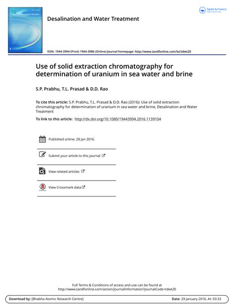 Pdf Use Of Solid Extraction Chromatography For Determination Of Uranium In Sea Water And Brine