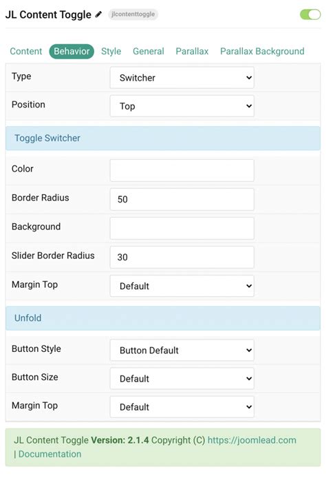 content toggle documentation joomlead