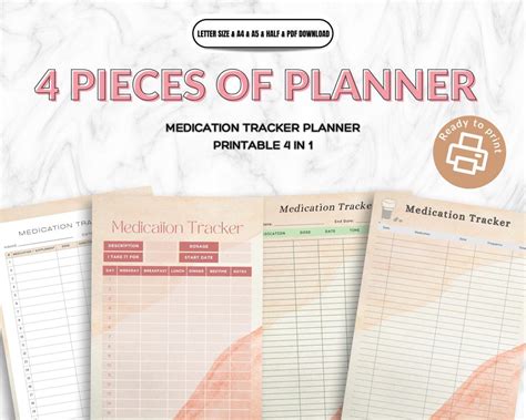 Medication Tracker And Planner 4 In 1 Pill Supplement Log Printable