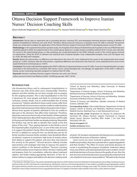 Pdf Ottawa Decision Support Framework To Improve Iranian Nurses Decision Coaching Skills
