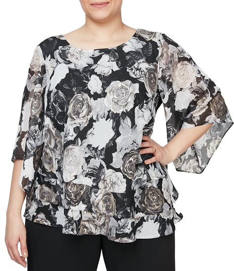 Alex Evenings Plus Size Floral Print 34 Sleeve Asymmetrical Triple