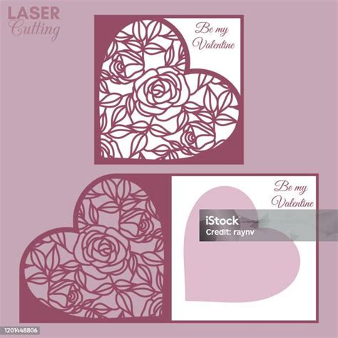 브로셔 결혼식 초대장 또는 발렌타인 데이 인사말 카드에 대한 장미와 잎 패턴 하트 접이식 카드의 레이저 컷 템플릿 결혼식에 대한