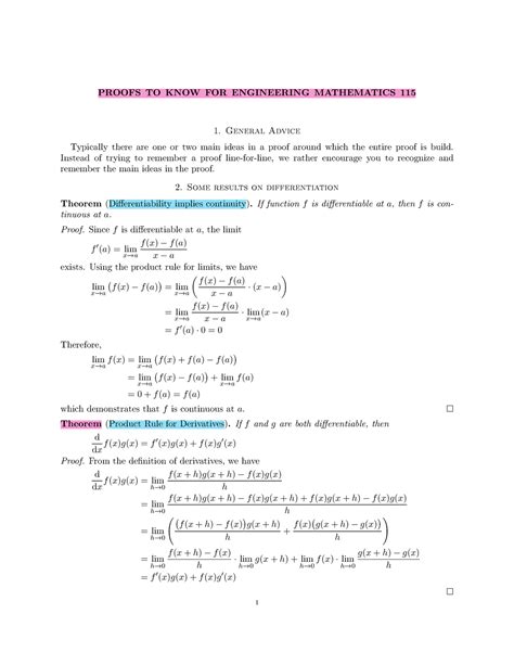 Proofs Eng Study Notes Of St Year Engineering Mathematics PROOFS TO KNOW FOR ENGINEERING