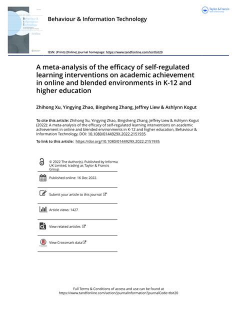 PDF A Meta Analysis Of The Efficacy Of Self Regulated Learning Interventions On Academic