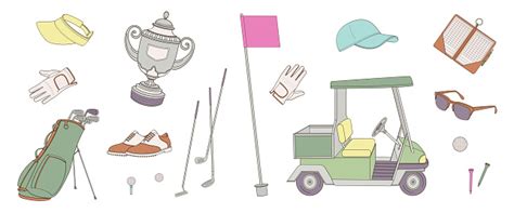 골프에 관한 세트 구성품 클럽 신발 깃발 선글라스 대회 컵 장갑 골프 가방 공 충돌 노트 골프 버기 카트 골프에 대한 스톡 벡터