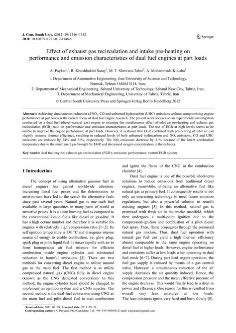 Pdf Effect Of Exhaust Gas Recirculation And Intake Pre Heating On